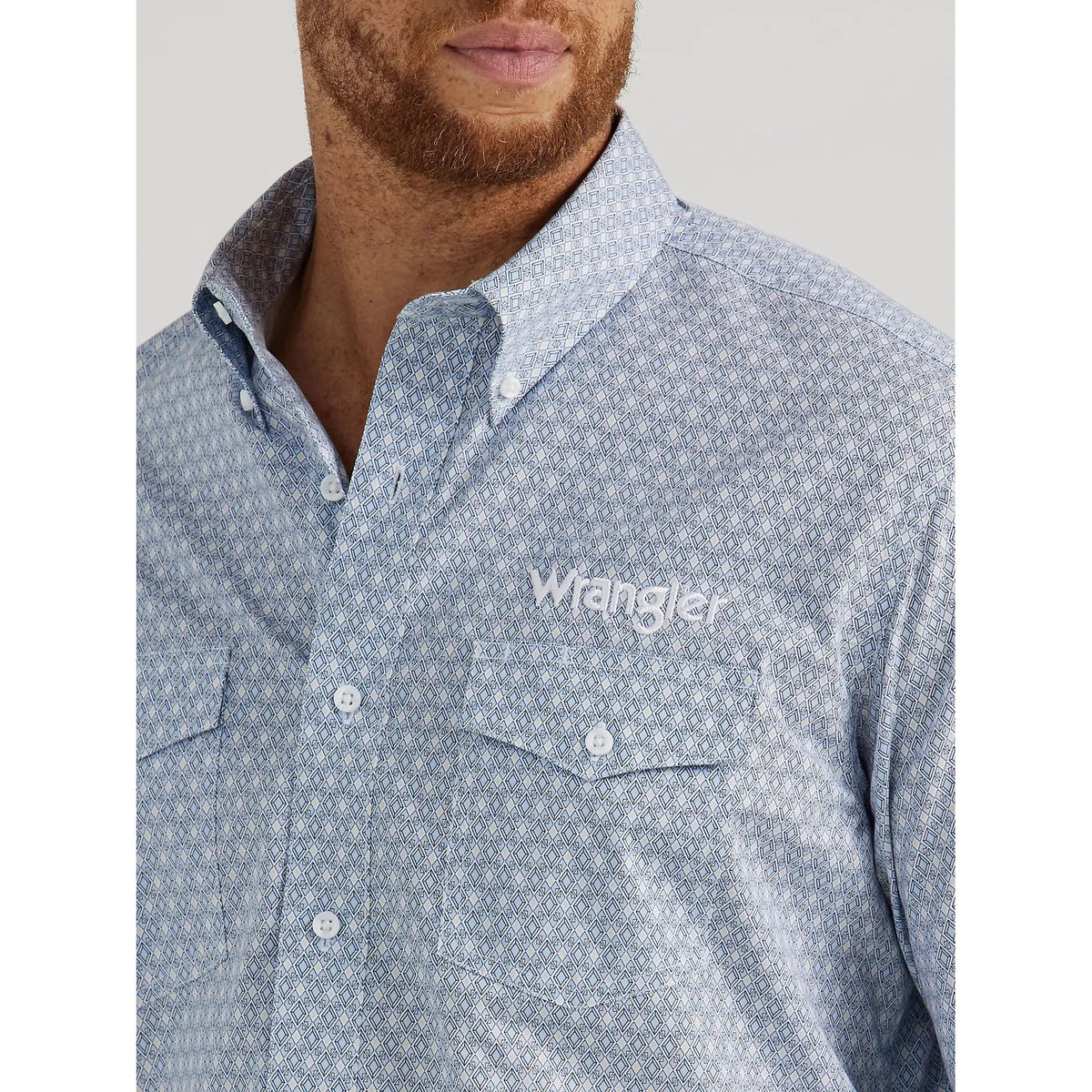 MEN'S WRANGLER® LOGO LONG SLEEVE BUTTON-DOWN PRINT SHIRT IN PALE BLUE ...
